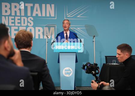 Reform UK Party leader Nigel Farage during a Reform UK press conference ...