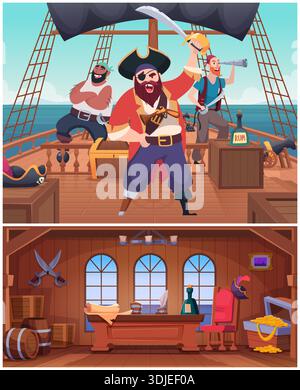 Cartoon pirates and corsair characters of Caribbean treasure island ...