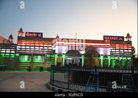 A view of Bikaner Junction railway station illuminated in tricolor on ...