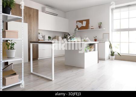 Interior of light medical laboratory with tables and houseplants Stock ...