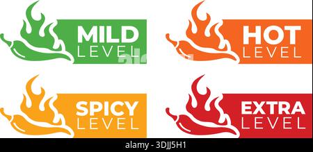 Spicy Level Labels with Chili and Flame Icons – Chili Pepper Heat Level ...