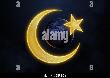 Ramadan background with Earth planet, gold crescent and star in outer ...