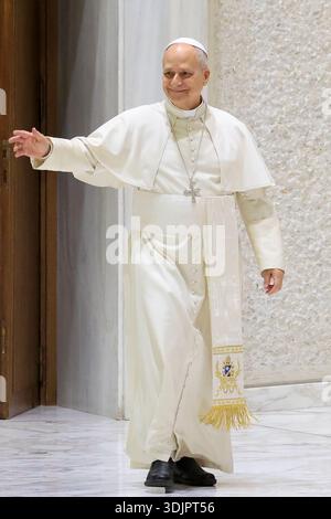 Pope Leo XIV arrives for his weekly general audience in the Paul VI ...