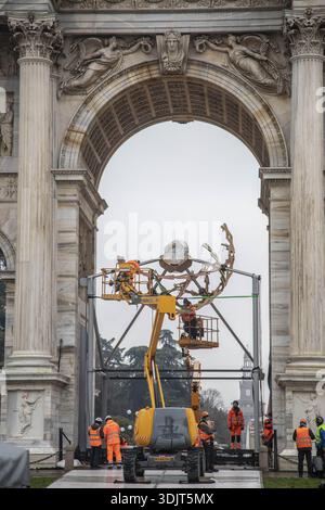 Milan, Arco della Pace, assembly of the Olympic cauldron structure for ...