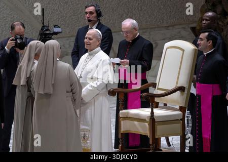 Pope Leo XIV greets the nuns during his weekly general audience in the ...