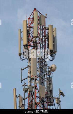 5G cellular tower installed on rooftop building against blue sky ...