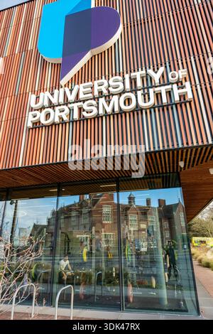 University of Portsmouth sign and logo on a building on the campus ...