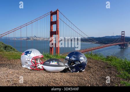 Detailed view of an NFL Super Bowl LX branded football at the Golden ...