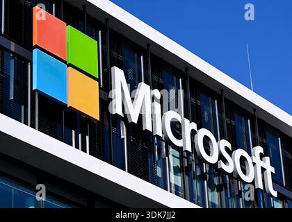 30 January 2026, Bavaria, Munich: The Microsoft logo and lettering can ...