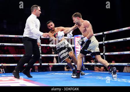 Josh Padley (right) defeats Jaouad Belmehdi by knock out during their ...