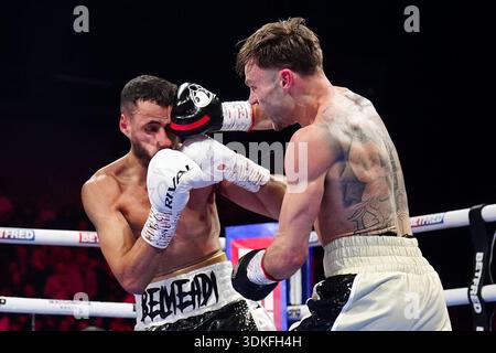 Josh Padley (right) defeats Jaouad Belmehdi by knock out during their ...