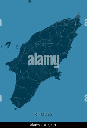 island of rhodes in greece white map and blue background illustration ...