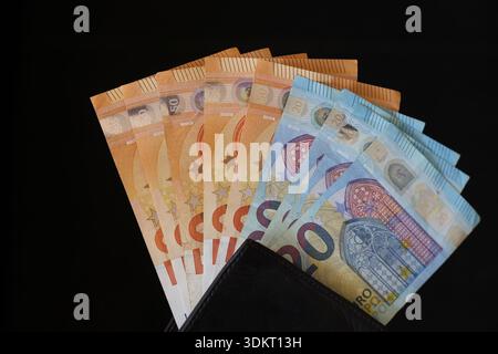 Euro Banknotes in Black Leather Wallet Close Up Personal Finance ...