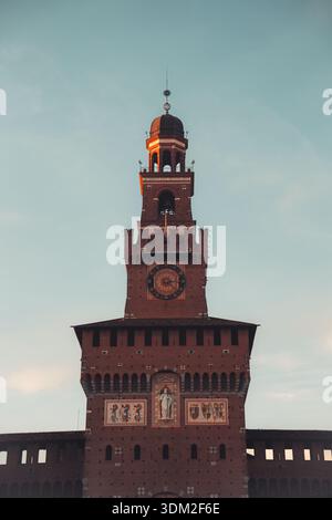 Milan. Detail of the tower of Filarete (clock tower) with the coat of ...