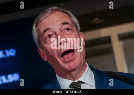 London. UK. 03 Feb 2026. Reform UK leader NIGEL FARAGE MP speaks at ...