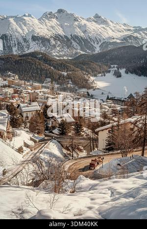 St. Moritz winter view. Cold in St. Moritz. View to the buildings of St ...