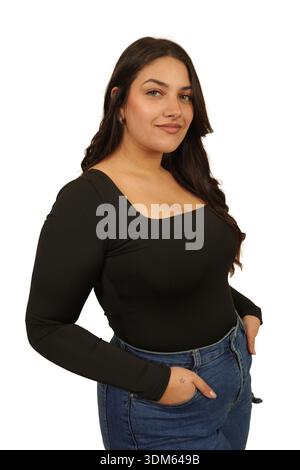 Confident young curvy brunette in sunglasses and leopard bodysuit ...