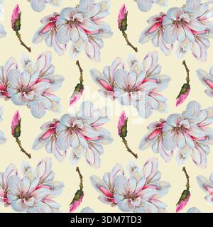 Seamless pattern with watercolor magnolia buds arranged in delicate ...