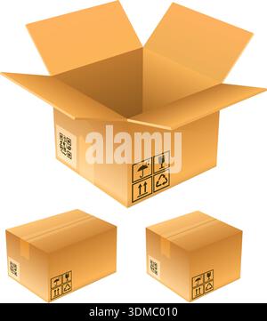 3D cardboard open and closed boxes isolated on white background ...