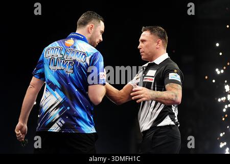 Gerwyn Price (left) celebrates during his semi-final against Luke ...