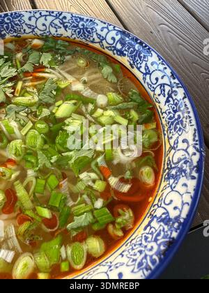 Spicy Chinese beef noodle soup with sliced beef shank and scallions ...