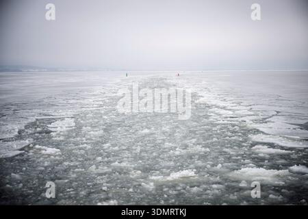 Vitte, Germany. 07th Feb, 2026. Handcarts stand in the ice in the port ...