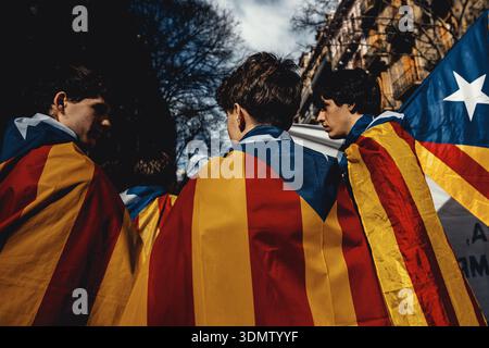 Barcelona, Spain. 7 February, 2026: Catalan demonstrators hold letters ...