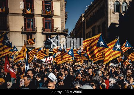 Barcelona, Spain. 7 February, 2026: Catalan demonstrators hold letters ...