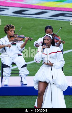 Coco Jones performs "Lift Every Voice and Sing" before the NFL Super ...