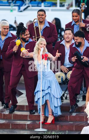 Lady Gaga performs during the halftime show of the NFL Super Bowl 60 ...