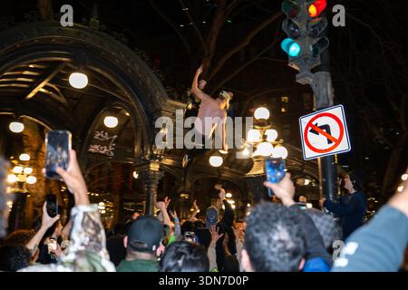 Seattle, USA. 9th Feb 2026. Fans crowd jump from the historic Pergola ...