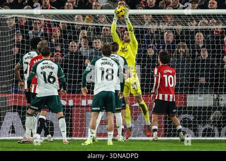 Middlesbrough goalkeeper Sol Brynn jumps up to win the high ball during ...