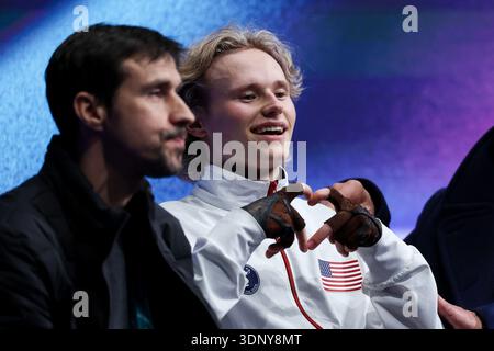 Ilia Malinin of United States seen in the Kiss and Cry zone during the ...