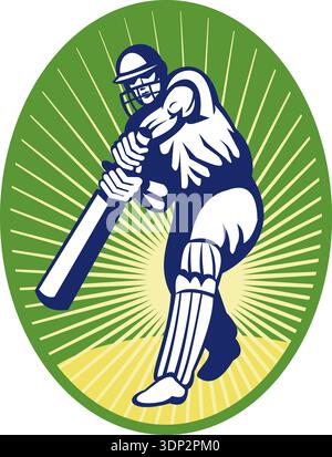 illustration of a cricket batsman batting front view woodcut retro ...