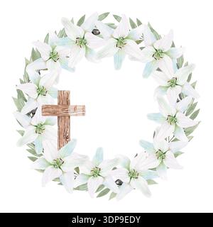 Watercolor hand painted floral cross with golden frame clipart, Easter ...