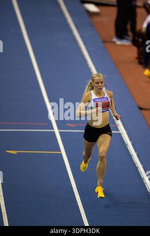 Keeley Hodgkinson in action in the womens 800m heats. Novuna UK Indoor ...