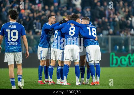 Maxence Caqueret of Como 1907 celebrating with team mates after a goal ...