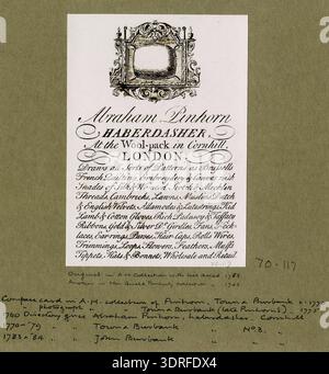 This 1753 trade card is for Abraham Pinhorn, haberdasher, featuring ...