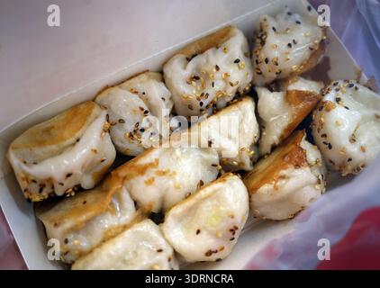 Golden pan-fried Chinese dumplings Jiaozi with premium sea cucumber and ...
