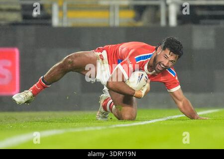 Peta Hiku of Hull KR celebrates his try during the Betfred Challenge ...