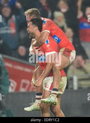 Hull KR' Peta Hiku (left) celebrates after scoring his sides first try ...