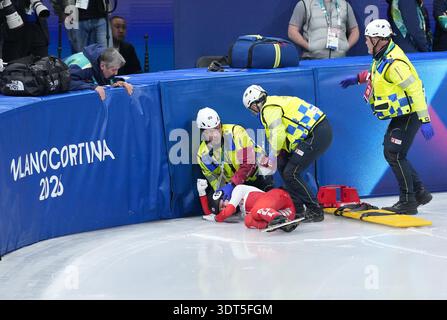 Kamila Sellier of Poland falls during a short track speed skating women ...