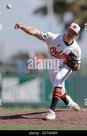 Baltimore Orioles pitcher Trey Gibson throws during the first inning of ...
