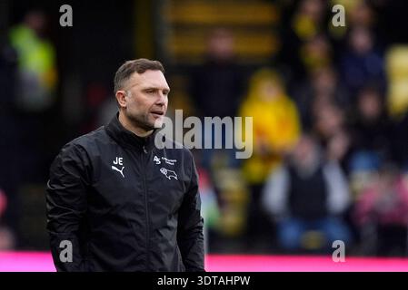 Derby County manager John Eustace thanks the fans after the full time ...