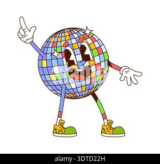 Disco ball groovy funky hippie character with funny face, cartoon ...