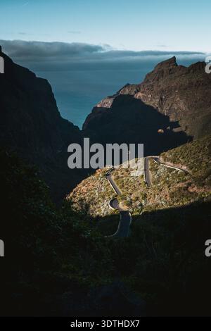Lush green volcanic mountains and winding road in Gran Canaria, Canary ...