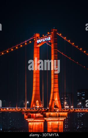 View of suspension bridge over Yangtze River at Zhongxian, Chongqing ...