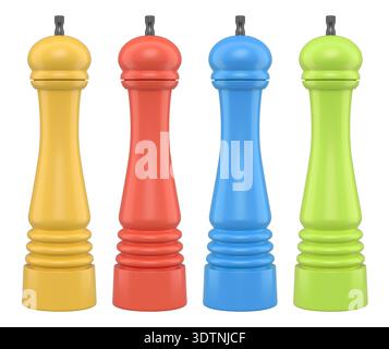 Set of colorful salt and pepper grinders isolated on a white background ...
