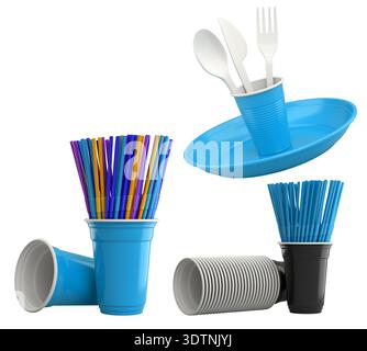Multiple colorful plastic straws arranged in plastic cups isolated on ...