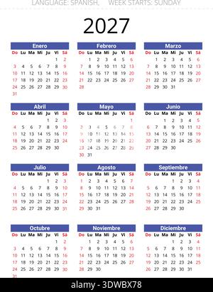Modern 2027 spanish vector calendar for Spain with simple yearly layout ...